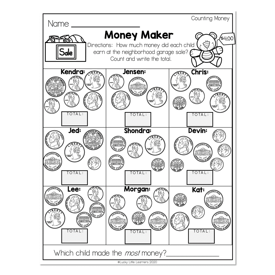 More Than Just A Worksheet Math Money Exercises For 2nd Grade Lucky