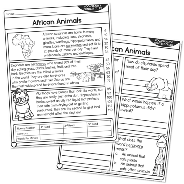 Vocabulary & Context Clues Second Grade Reading Passages - Lucky Little ...